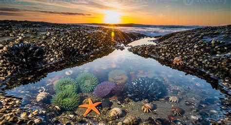 Rocky Shoreline Tide Pools Reveal Vibrant Marine Life At Sunset