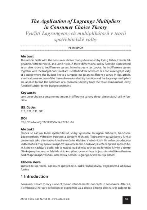 Pdf The Application Of Lagrange Multipliers In Consumer Choice Theory