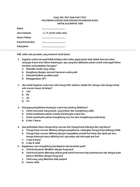 Soal Pre Test Dan Post Test Untuk Ketua Kelompok Tani Plek 2020 Pdf