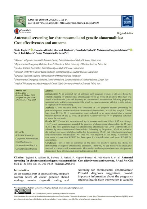 Pdf Antenatal Screening For Chromosomal And Genetic Abnormalities Cost Effectiveness And Outcome
