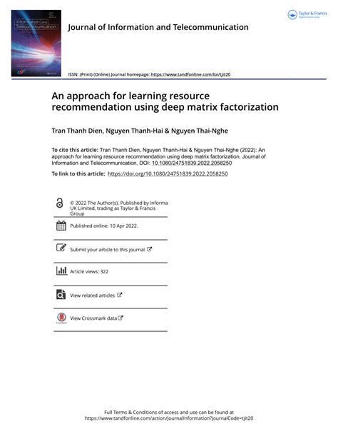 Pdf An Approach For Learning Resource Recommendation Using Deep Matrix Factorization