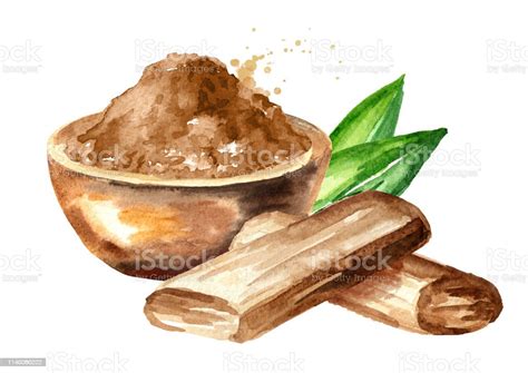 샌 달 우드 또는 찬드라 막대기와 녹색 잎 분말 수채화 손으로 그린 그림 흰색 배경에 고립 백단에 대한 스톡 벡터 아트 및 기타