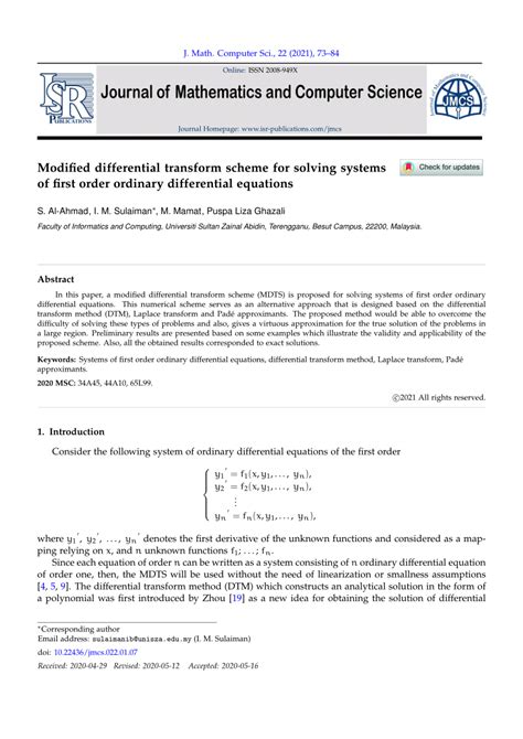 pdf modified differential transform scheme for solving systems of