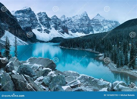 First Snow Morning At Moraine Lake In Banff National Park Alberta