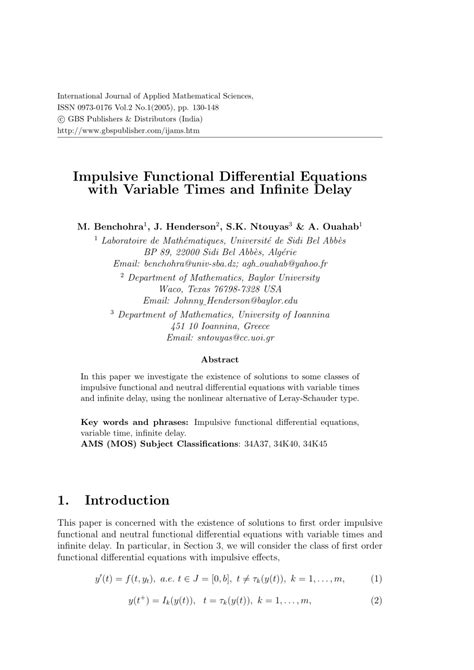 Pdf Impulsive Functional Difierential Equations With Variable Times And Inflnite Delay