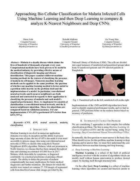 Approaching Bio Cellular Classification For Malaria Infected Cells Using Machine Learning And