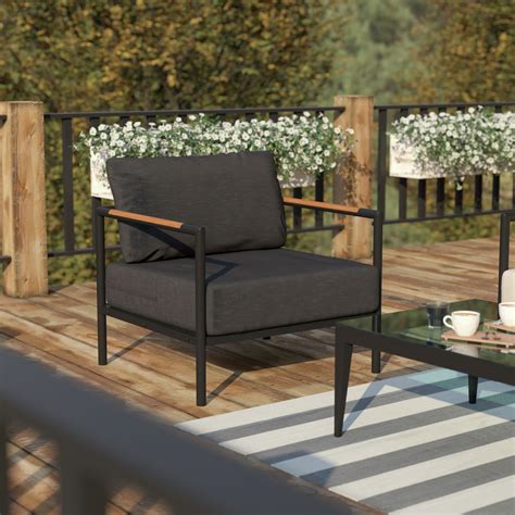 Flash Furniture Black Aluminum Frame Patio Chair With Teak Arm Accents