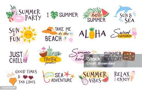 여름 슬로건 태양 아이스크림 수박 및 수영복 로고 트로피크 비치 휴가 바다 휴가 여름 파티 및 여행 스티커 벡터 세트 갈매기에 대한 스톡 벡터 아트 및 기타 이미지 Istock