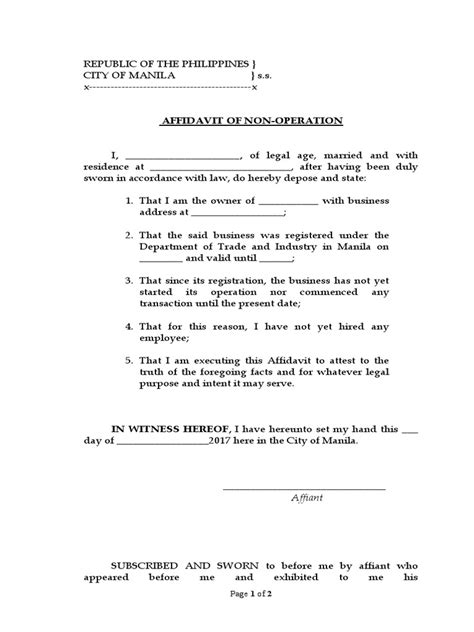 Affidavit Of Non Operation Template Pdf