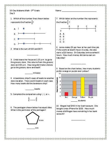 3rd Grade Alabama Acap Math Test Prep Standards Review 10 Days Of