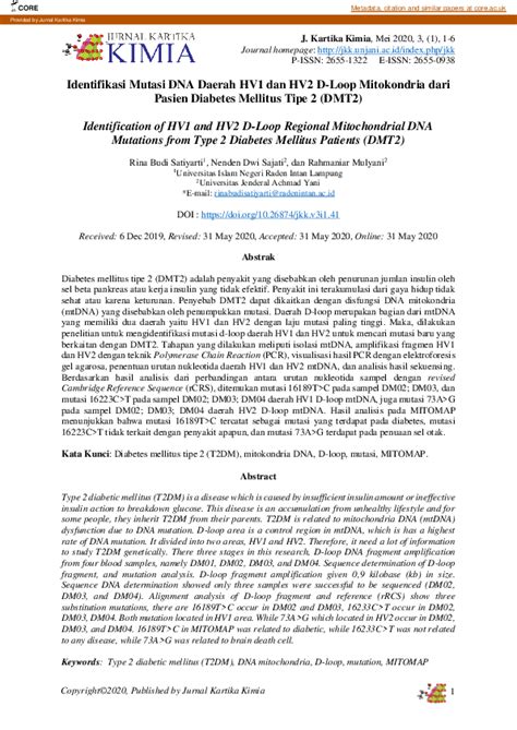 Pdf Identifikasi Mutasi Dna Daerah Hv1 Dan Hv2 D Loop Mitokondria