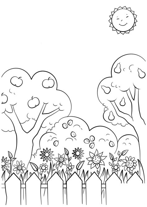 Раскраска Сад Распечатать бесплатно