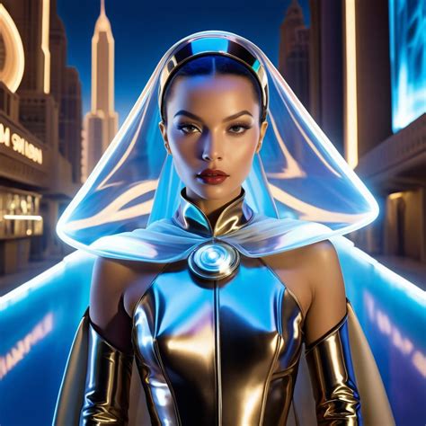 Futuristic Woman In Metallic Outfit With Neon Cityscape Swap Face
