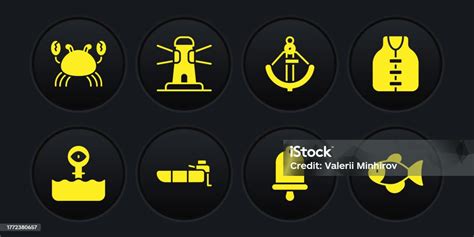 잠망경 구명 조끼 모터가 달린 풍선 보트 선박 종 앵커 등대 물고기 및 게 아이콘을 설정합니다 벡터 갈고리 발톱에 대한 스톡 벡터 아트 및 기타 이미지 Istock