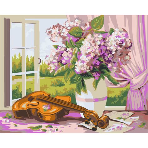 Комплект за рисуване по номера Цветя и цигулка 1386 памучно платно върху дървена рамка 40х50