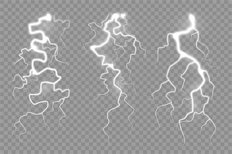 투명 한 배경에 현실적인 번개 컬렉션 뇌우와 번개 볼트 빛의 불꽃 폭풍우 날씨 효과 벡터 일러스트레이션 개체 그룹에 대한 스톡