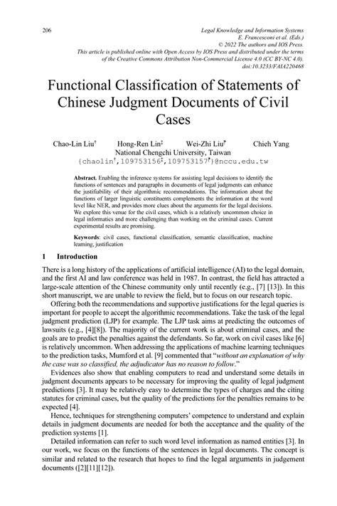Pdf Functional Classification Of Statements Of Chinese Judgment Documents Of Civil Cases