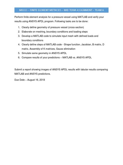 Me613 Finite Element Methods Mid Term Assignment Team A Pdf