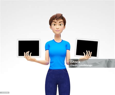 빈 화면 두 태블릿 장치 모형 심각한 제니3d 만화 여성 캐릭터 캐주얼 옷 배경에서 개최 3차원 형태에 대한 스톡 벡터 아트 및