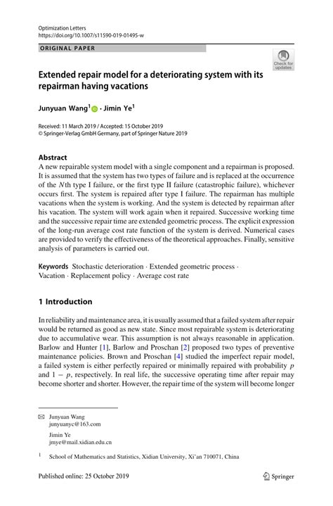 Pdf Extended Repair Model For A Deteriorating System With Its