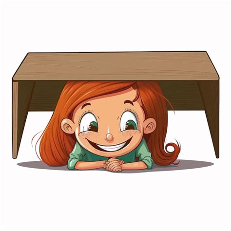 Menina De Desenho Animado Escondida Debaixo De Uma Mesa Com Um Sorriso