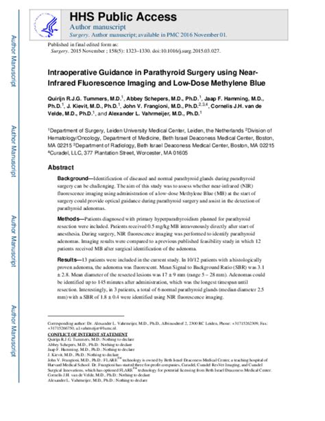Pdf Intraoperative Near Infrared Fluorescence Imaging Of Parathyroid Adenomas With Use Of Low