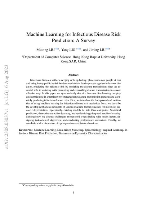 Pdf Machine Learning For Infectious Disease Risk Prediction A Survey