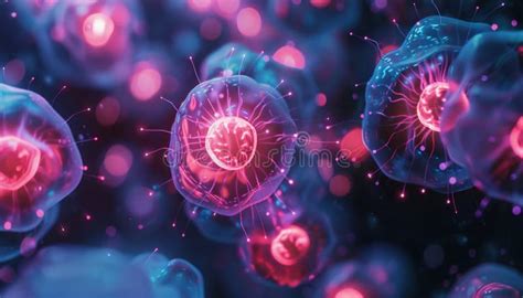 Colorful Depiction Of Cells Under A Microscope Highlighting Their Structures At Night Stock