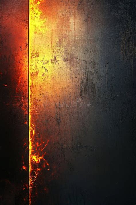 The Backdrop Features A Textured Metallic Surface Where Glowing Fire Reflections In Orange Red