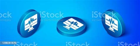 파란색 배경에 격리 된 심장 아이콘이있는 등색 컴퓨터 모니터 모니터링 아이콘입니다 심전도 모니터와 심장 박동 손 그려 파란색 원 버튼입니다 벡터 일러스트레이션 3차원 형태에