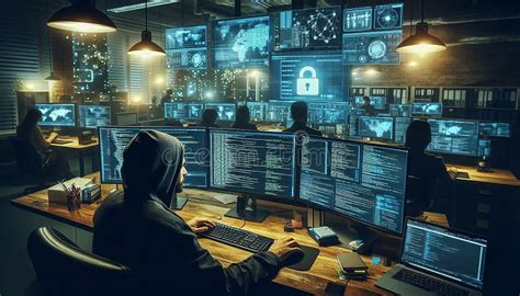 Cybersecurity Operations Room With Multiple Screens Stock Illustration Illustration Of