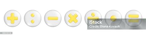 둥근 단추에 사실적인 노란색 3d 더하기 빼기 곱하기 나눗셈 및 등호 산술 3d 요소 교육 수학 아이콘 수학 기호 흰색 배경에 고립된 벡터 그림 3차원 형태에 대한 스톡