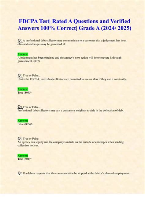 Fdcpa Test Rated A Questions And Verified Answers 100 Correct Grade