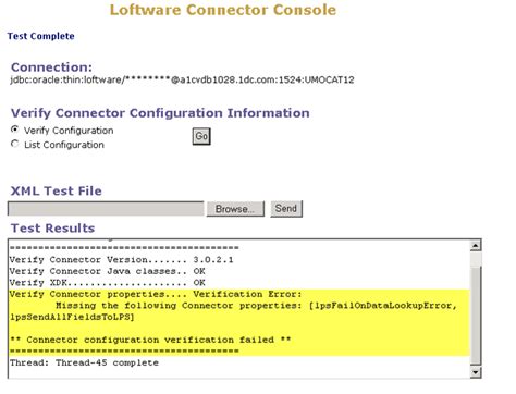 missing connector properties when trying to verify configuration on