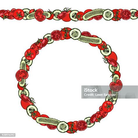 끝 없는 패턴 브러시 둥근 녹색 오와 화 환 및 씨앗과 토마토 슬라이스입니다 화 환 또는 원 프레임입니다 케첩 로고 또는 야채 샐러드입니다 손으로 그린 벡터 일러스트 레이