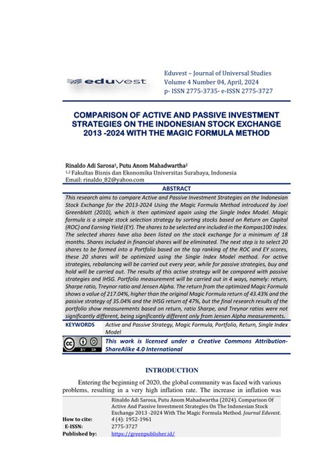 Pdf Comparison Of Active And Passive Investment Strategies On The
