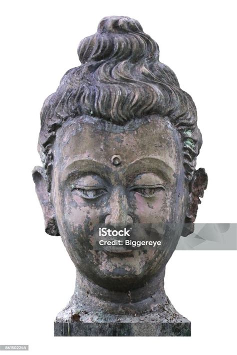 400 년 된 고 대 머리의 돌 부처 Statuethailand 흰색 배경에 고립 된 조각 공예 예술 기념품에 대한 스톡 사진