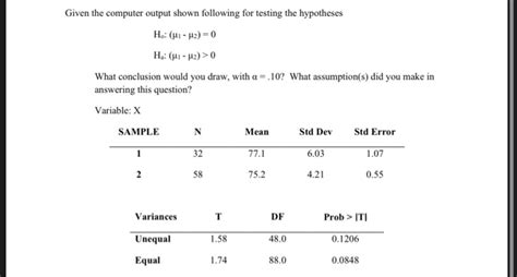 Solved Given The Computer Output Shown Following For Testing