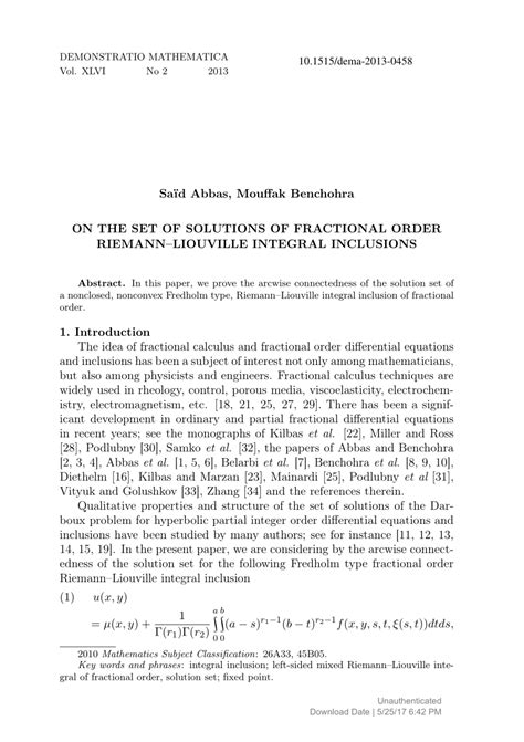 Pdf On The Set Of Solutions Of Fractional Order Riemann Liouville Integral Inclusions