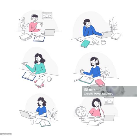 책과 컴퓨터 벡터 세트로 공부 하는 책상에 앉아 숙제를 하는 십 대 소년과 소녀 개체 그룹에 대한 스톡 벡터 아트 및 기타 이미지 개체 그룹 교실 교육 Istock