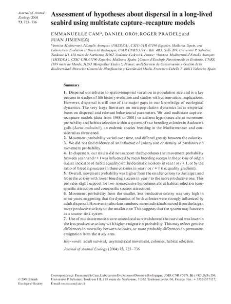 Pdf Assessment Of Hypotheses About Dispersal In A Long Lived Seabird
