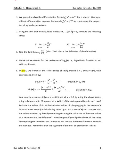 Calculus 1 Homework 5 Pdf Logarithm Function Mathematics