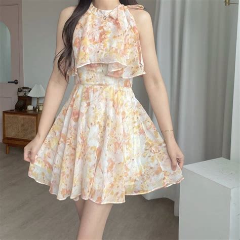 호아킨 홀터넥 리본 플라워 수채화 나염 민소매 프릴 셔링 쉬폰 A라인 미니 다리길어보이는 원피스3color