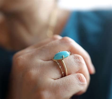 오벌 터키석 다이아몬드 프롱 반지 로코주얼리