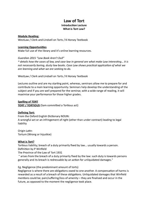 Lecture Notes Tort Introduction Law Of Tort Introduction Lecture What