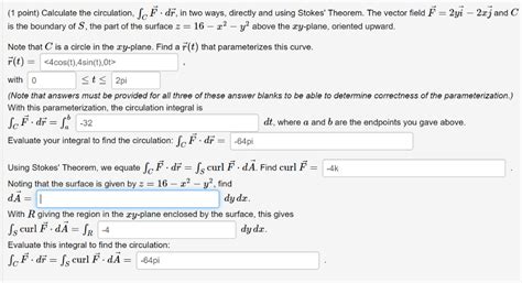 solved 1 point calculate the circulation jcf dr in two