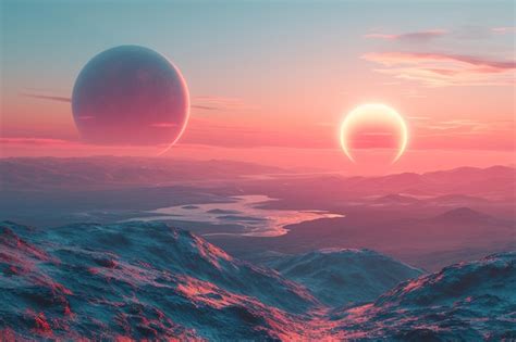 A Dreamlike Vision Of An Alien Planets Landscape With Two Suns