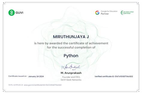 Miruthunjaya J On Linkedin Python Guvi Continuouslearning Newcertification Onlinecourse