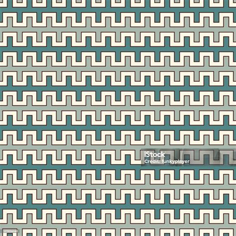 Blue Colors Seamless Pattern With Battlement Curved Lines Repeated Geometric Figures Wallpaper