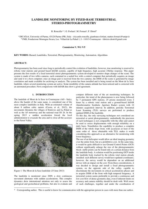 Pdf Landslide Monitoring By Fixed Base Terrestrial Stereo Photogrammetry